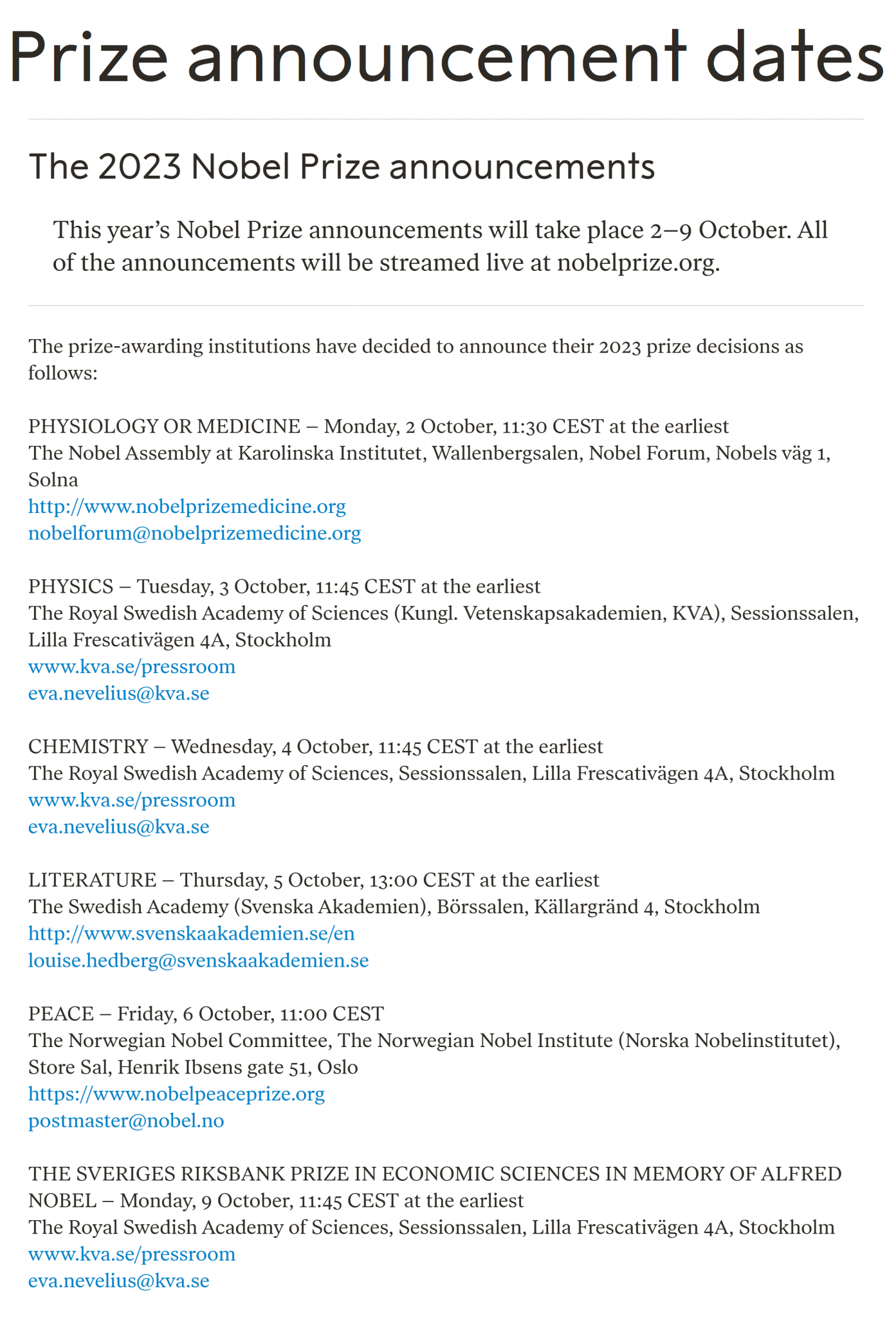 2023年诺贝尔奖公布时间确定 | Future